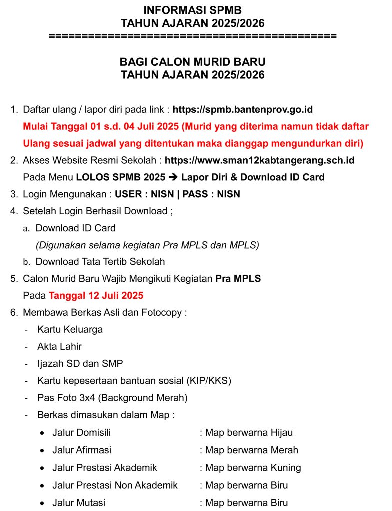 Informasi Lengkap Lolos SPMB 2025 - SMAN 12 KABUPATEN TANGERANG